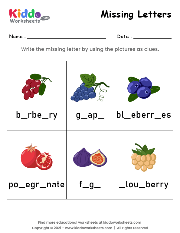 Free Printable Missing Letters Fruits Worksheet - kiddoworksheets