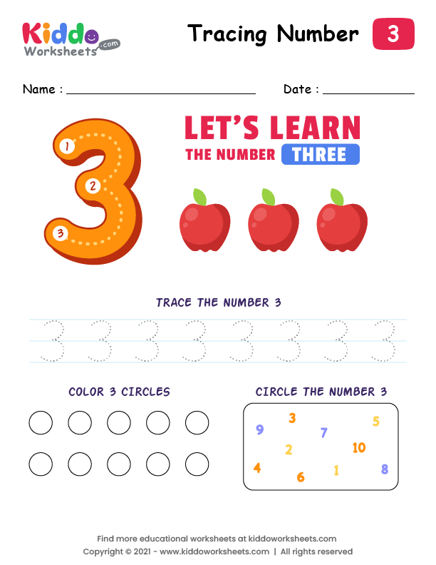 Free Printable Number Tracing Three-3 Worksheet - kiddoworksheets