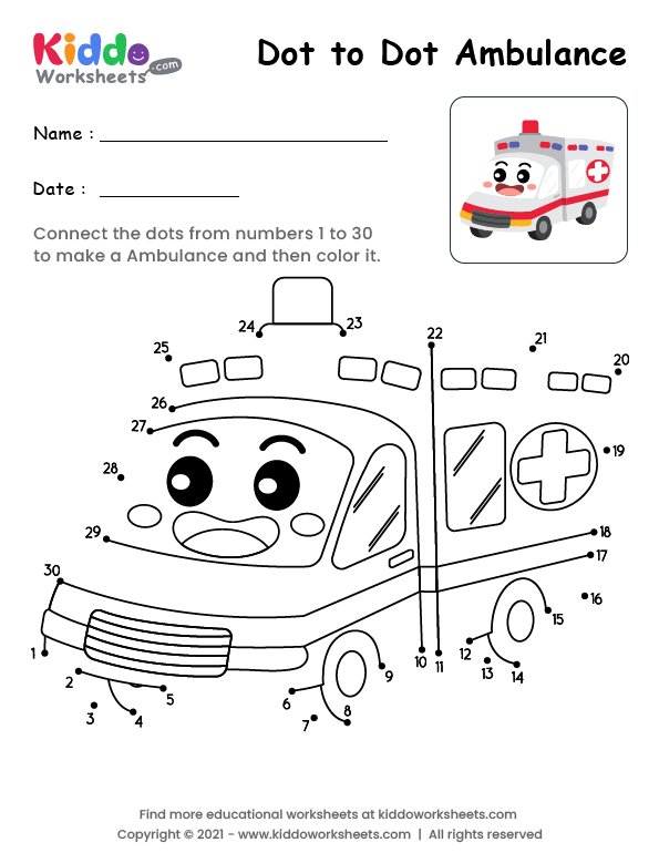 Free Printable Dot to Dot Ambulance Worksheet - kiddoworksheets