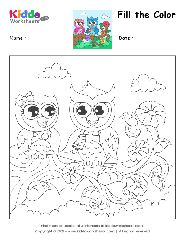 Free Printable Fill the Color Owl Worksheet - kiddoworksheets