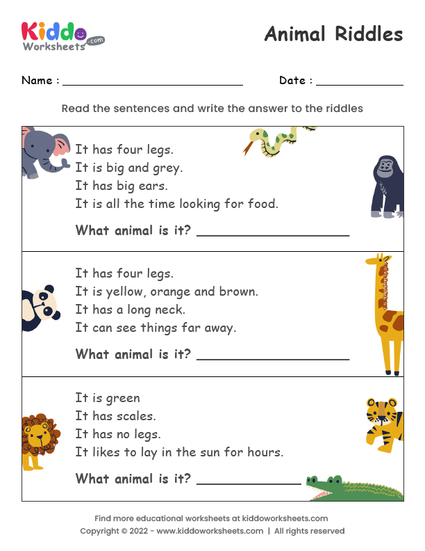 Free Printable Animal Riddles Worksheet Kiddoworksheets
