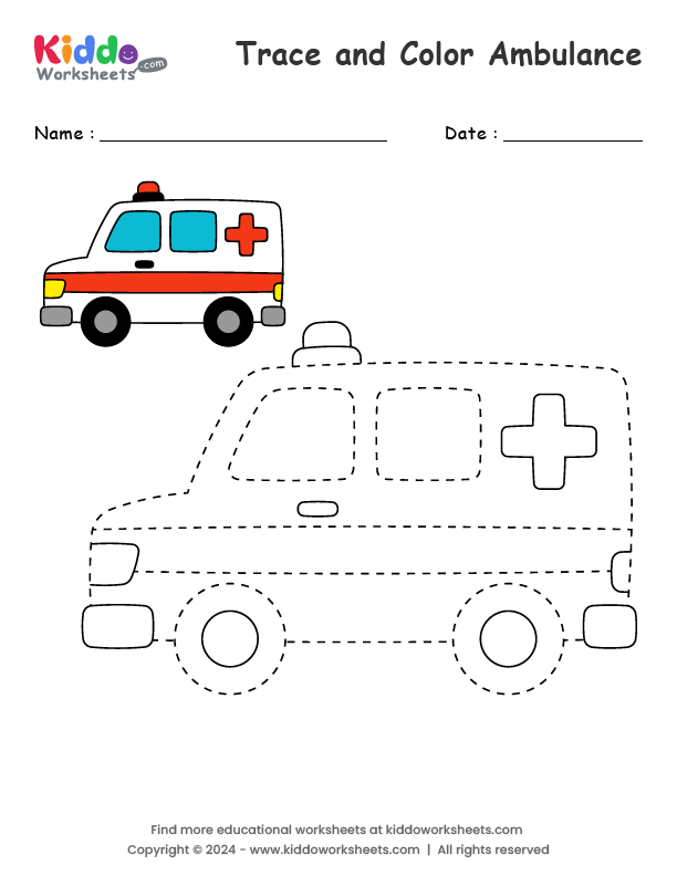 Free Printable Trace and Color Ambulance Worksheet - kiddoworksheets