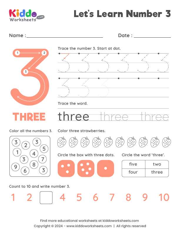 Free Printable Number 3 Worksheet - kiddoworksheets