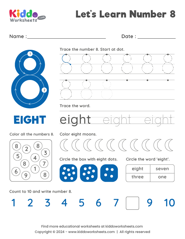 Free Printable Number 8 Worksheet - kiddoworksheets