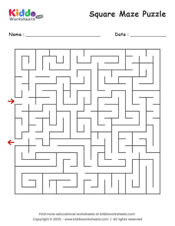 Free Printable Square Maze Puzzle Worksheet