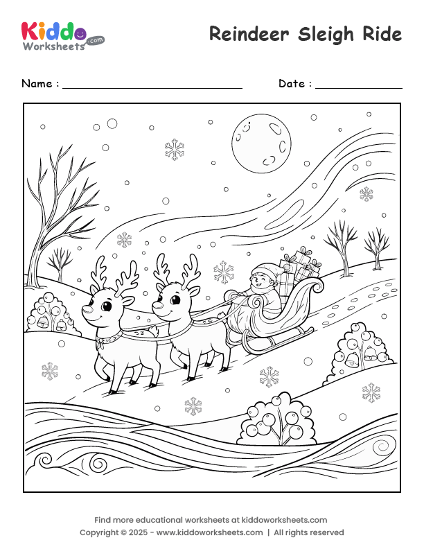 Free Printable Reindeer Sleigh Ride coloring page- kiddoworksheets