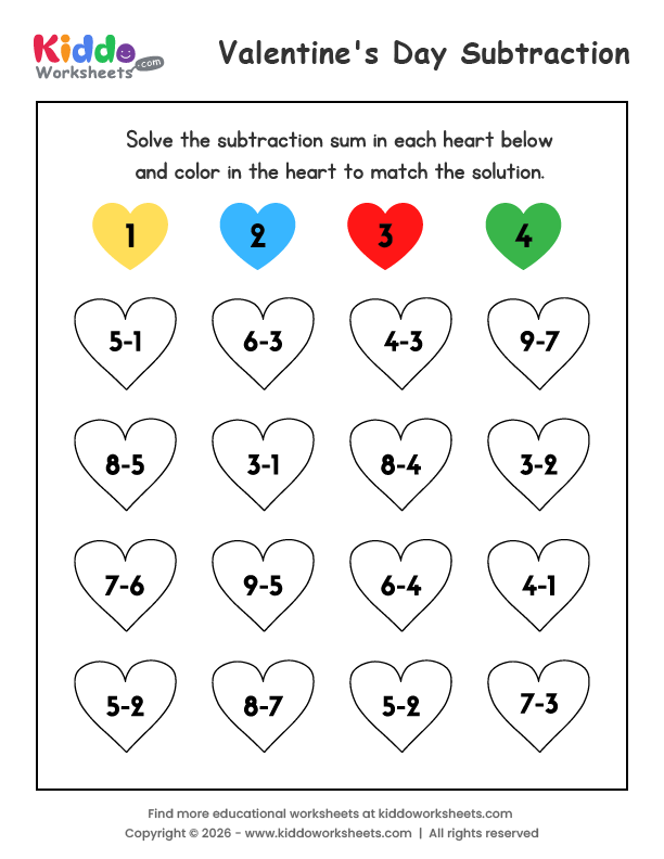Free Printable Valentines Day Subtraction Worksheet - kiddoworksheets