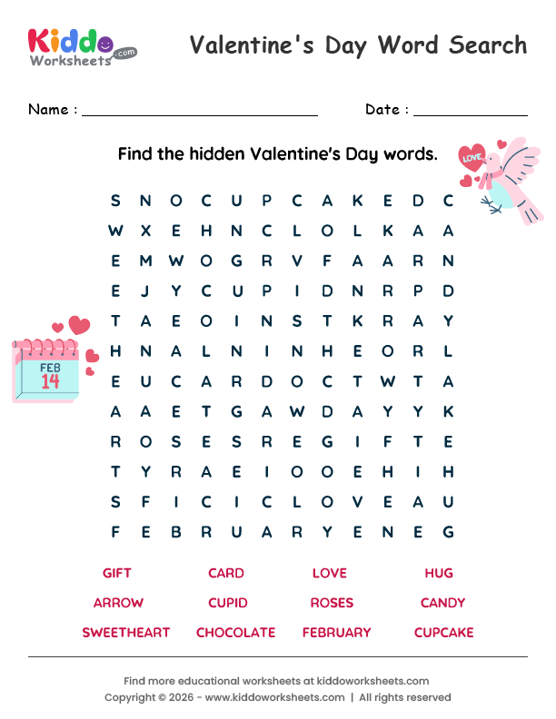 Free Printable Valentines Day Word Search Worksheet - kiddoworksheets