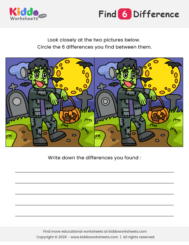 Free Printable Zombie Spot the Difference Worksheet - kiddoworksheets