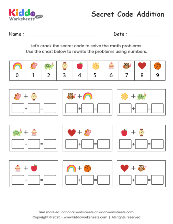 Free Printable Secret Code Addition Worksheet - kiddoworksheets