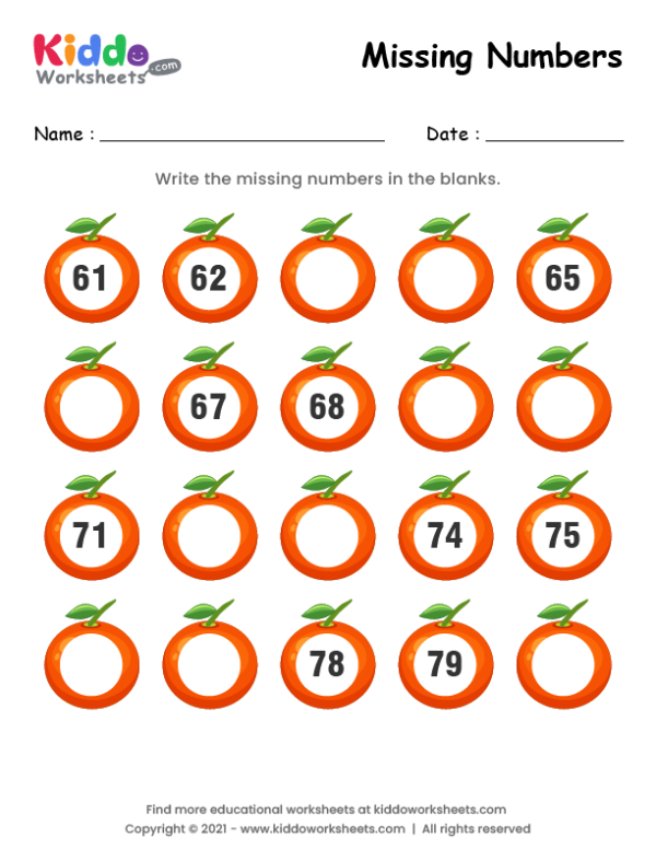 Free Printable Orange Missing Numbers 61-80 Worksheet - kiddoworksheets
