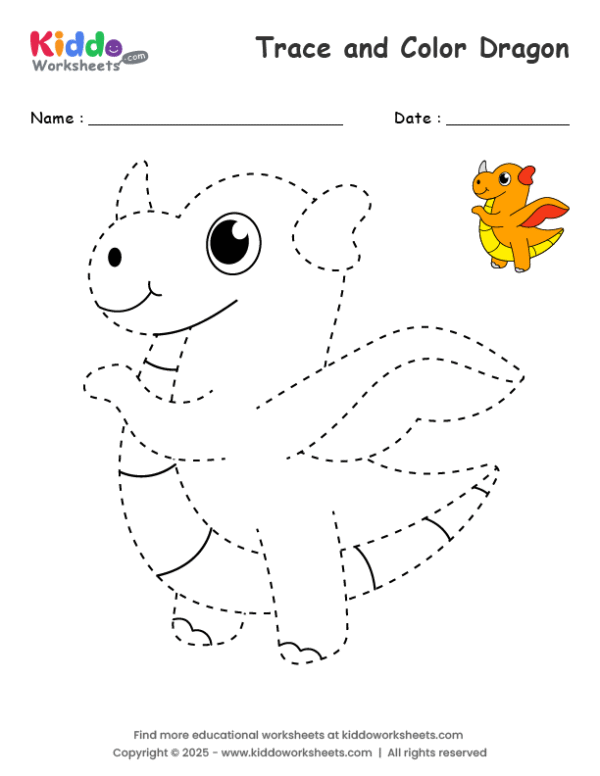 Free Printable Trace and Color Dragon Worksheet - kiddoworksheets