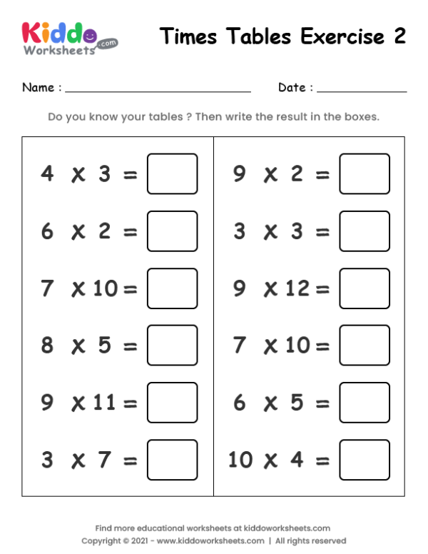 Free Printable Times Table Exercise 2 Worksheet - kiddoworksheets