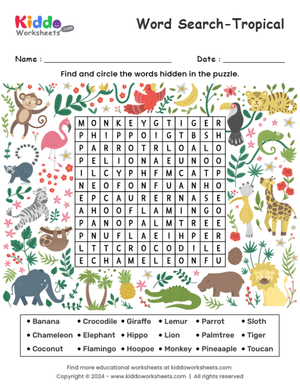 Free Printable Tropical Word Search Worksheet - kiddoworksheets