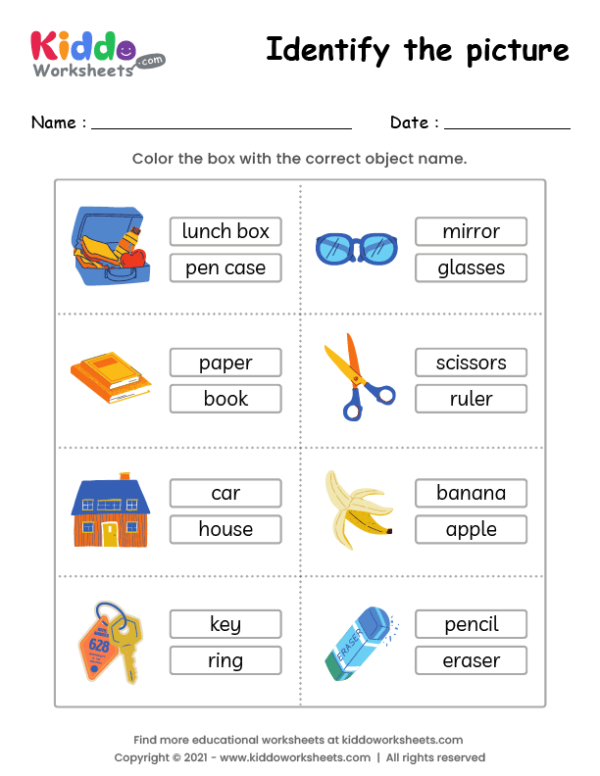 Free Printable Identifying Objects Words Worksheet - kiddoworksheets