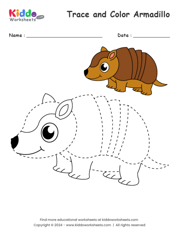 Free Printable Trace and Color Armadillo Worksheet - kiddoworksheets