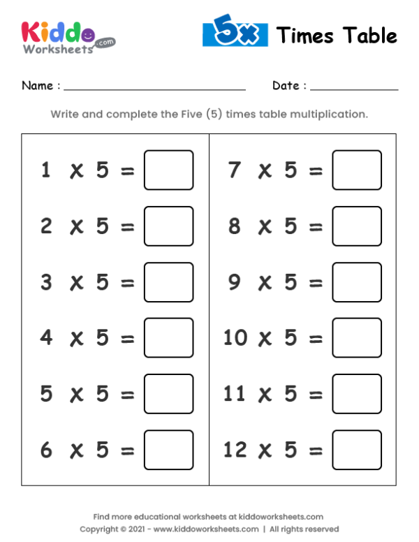 Free Printable 5 Times Table Worksheet Worksheet - kiddoworksheets