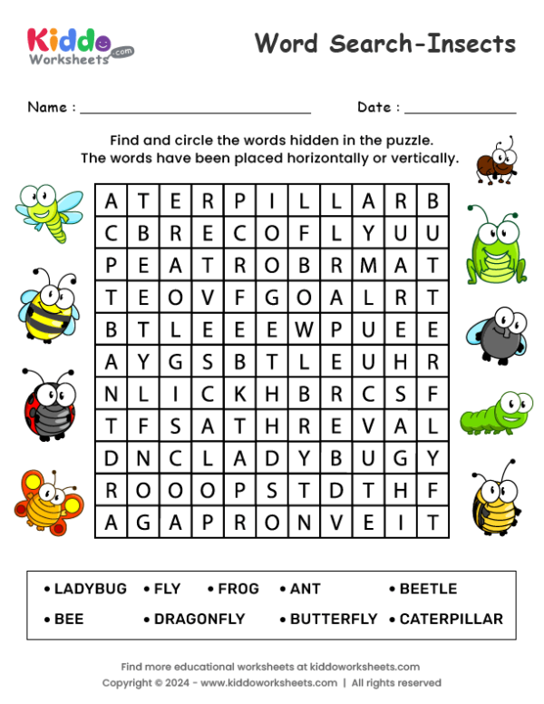 Free Printable Insects Word Search puzzle Worksheet - kiddoworksheets