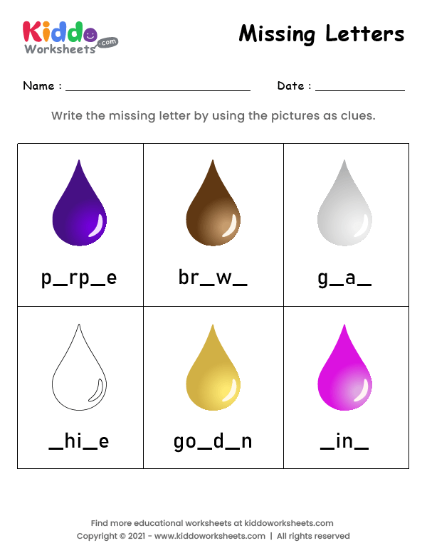 Free Printable Missing Letters Colors Worksheet - kiddoworksheets