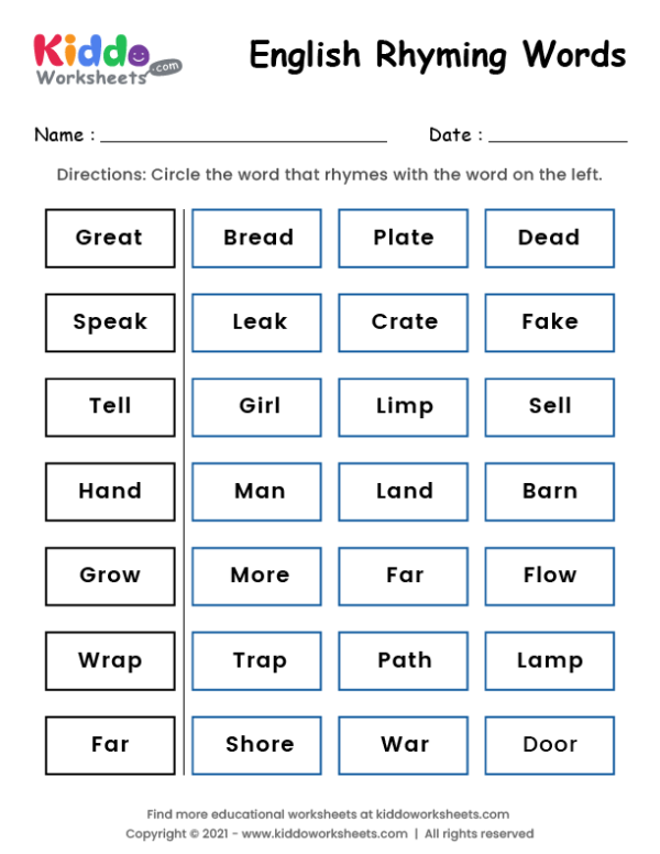 Free Printable Rhyming Words Worksheet - kiddoworksheets
